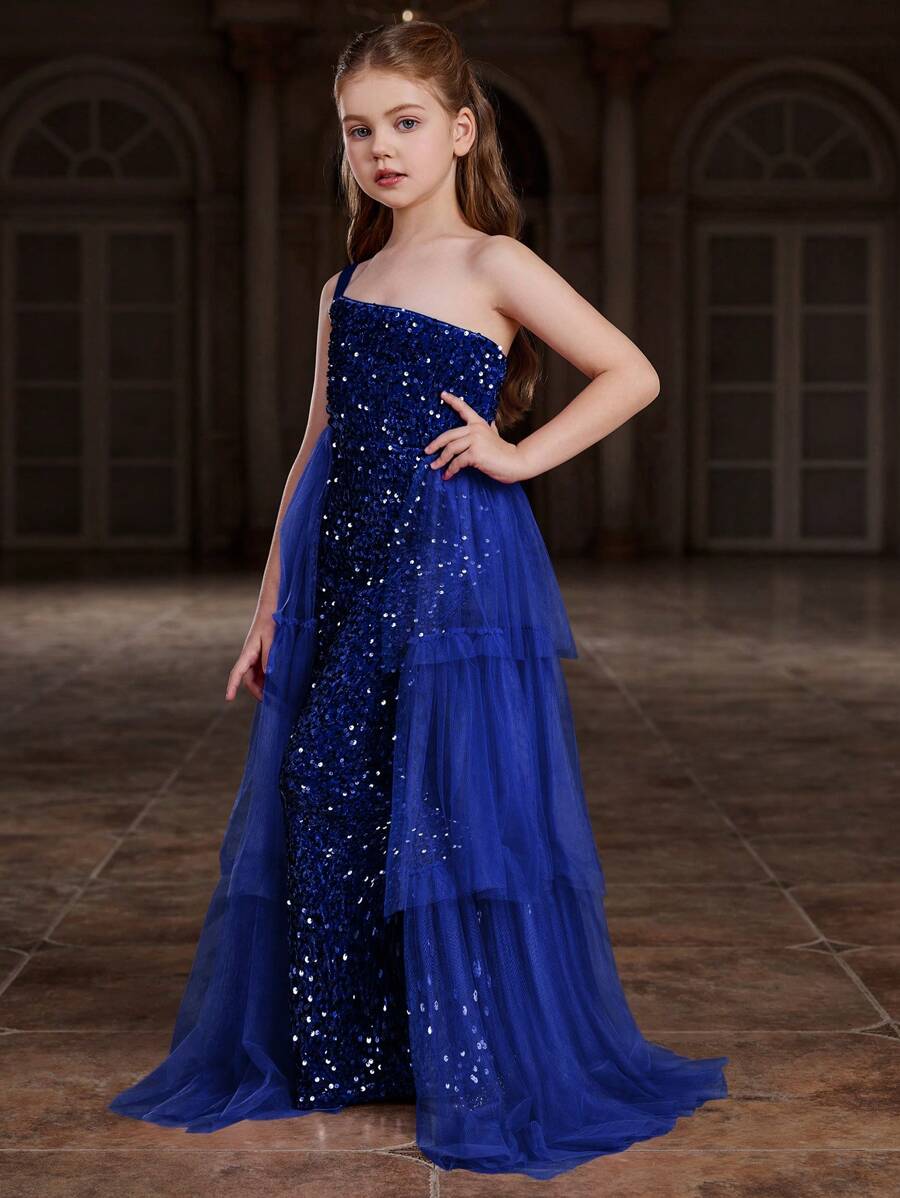 Tween Girl's One Shoulder Sleeveless Waist Net Yarn Stacked Sequined ...