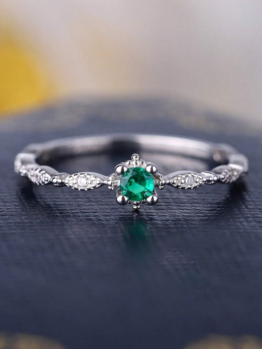 Sterling Silver Plated With White Gold & Set With Emerald Green Gem ...