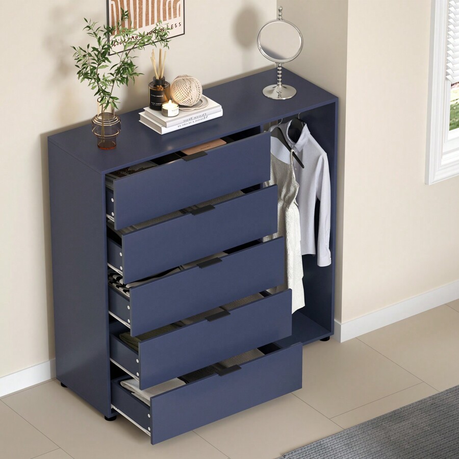 Vrullu 5 Drawer Dresser With Hanging Area, Wood Dressers & Chests Of ...
