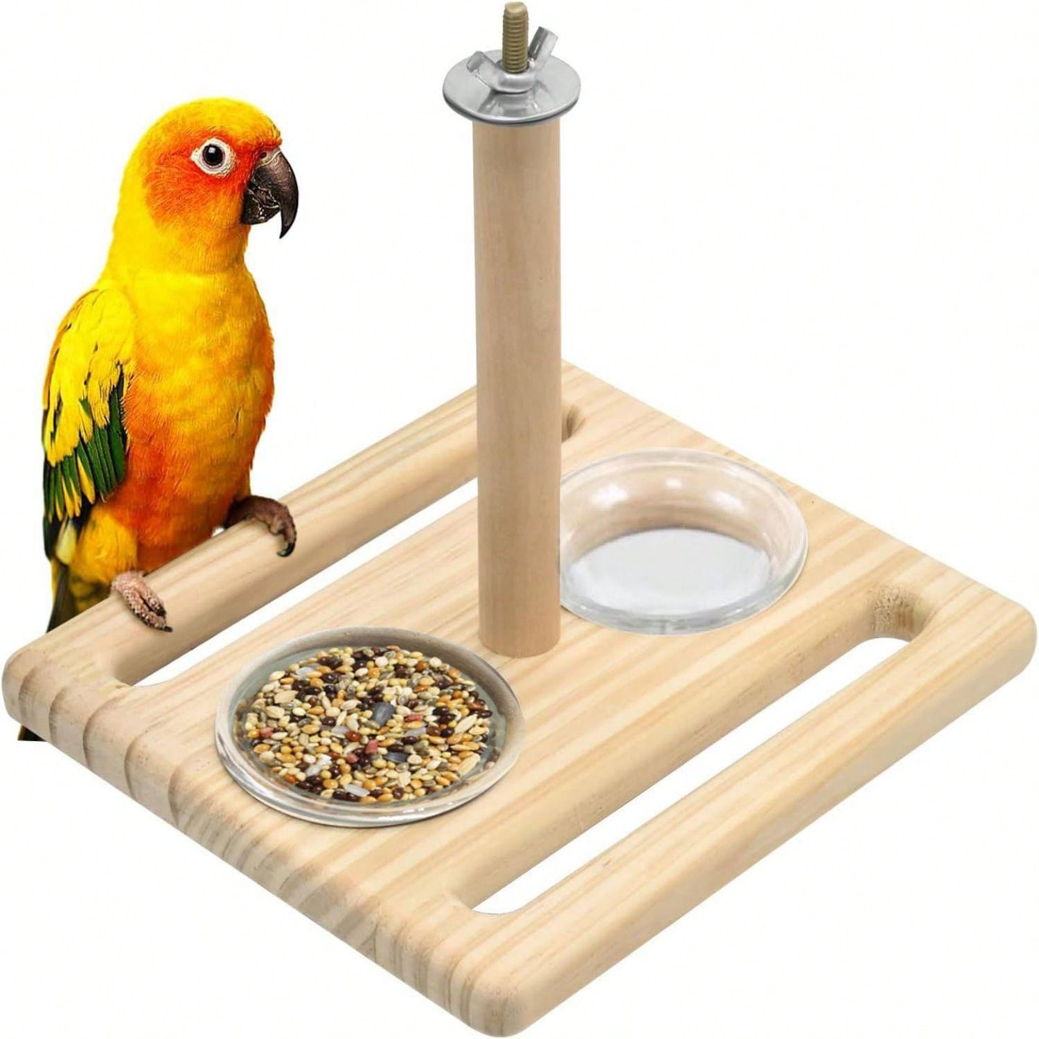 Bird Perch Parrot Platform Bird Wood Stand With 2 Removable Feeding ...