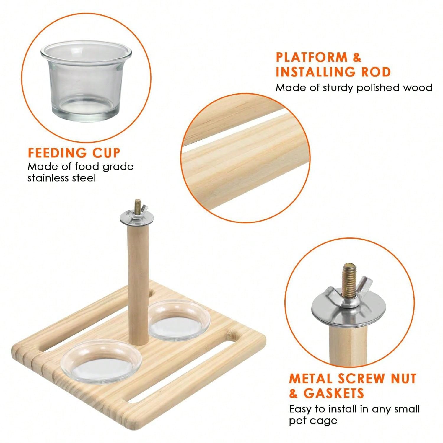 Bird Perch Parrot Platform Bird Wood Stand With 2 Removable Feeding ...