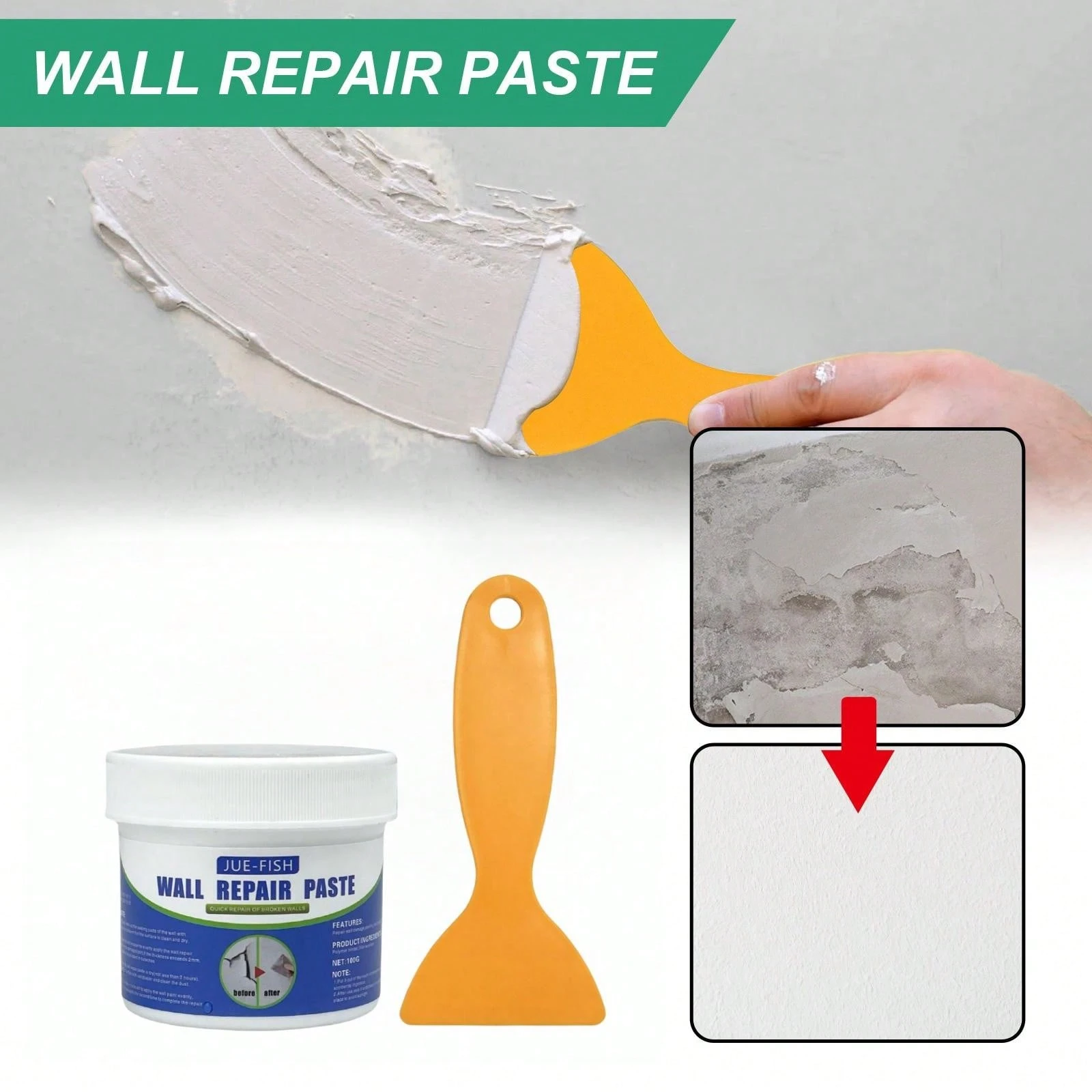 100g+Scraper Wall Mending Paste, Anti-Moisture Wall Paint Repair Kit ...