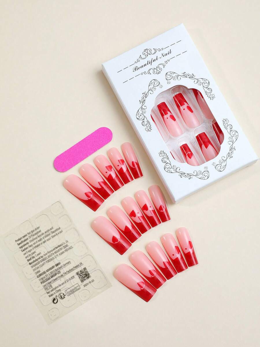 24pcs Valentine'S Day Style Fake Nails Long Square Shape Press On Nails ...