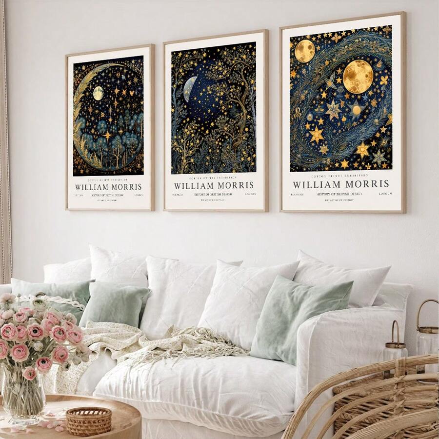 William Morris Moon And Stars 3-Piece Print Set, Vintage Wall Art ...