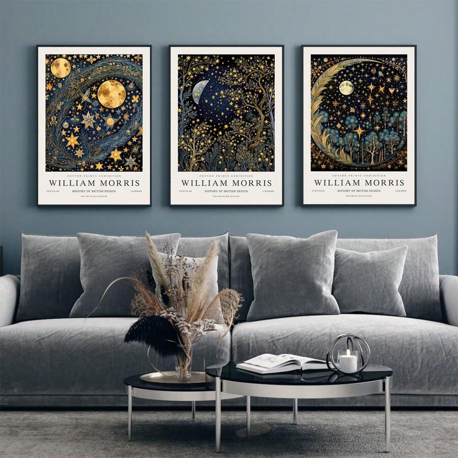 William Morris Moon And Stars 3-Piece Print Set, Vintage Wall Art ...