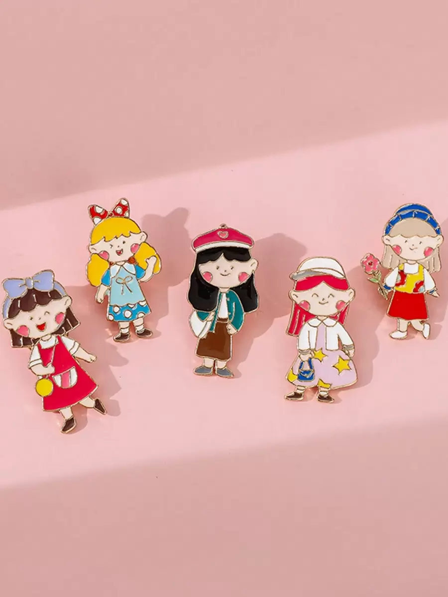5pcs Cute Cartoon Girl Brooch Pins Set, Lovely Accessory For Couples ...