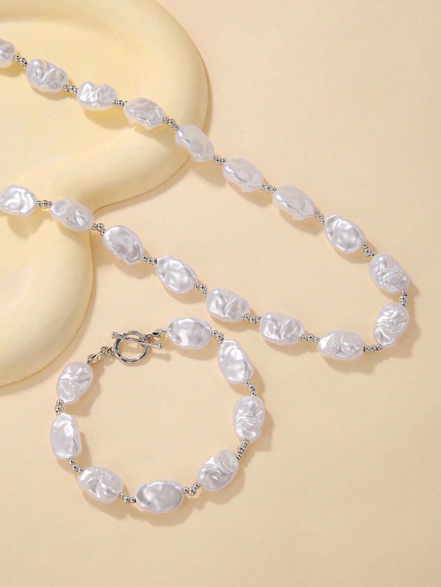 1pc Necklace And 1pc Bracelet Elegant Baroque Style Faux Pearl Beaded ...