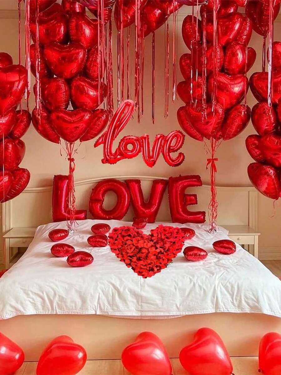 1set Love Heart Balloons And Petals Decoration Kit (2pcs 18inch Balloon ...