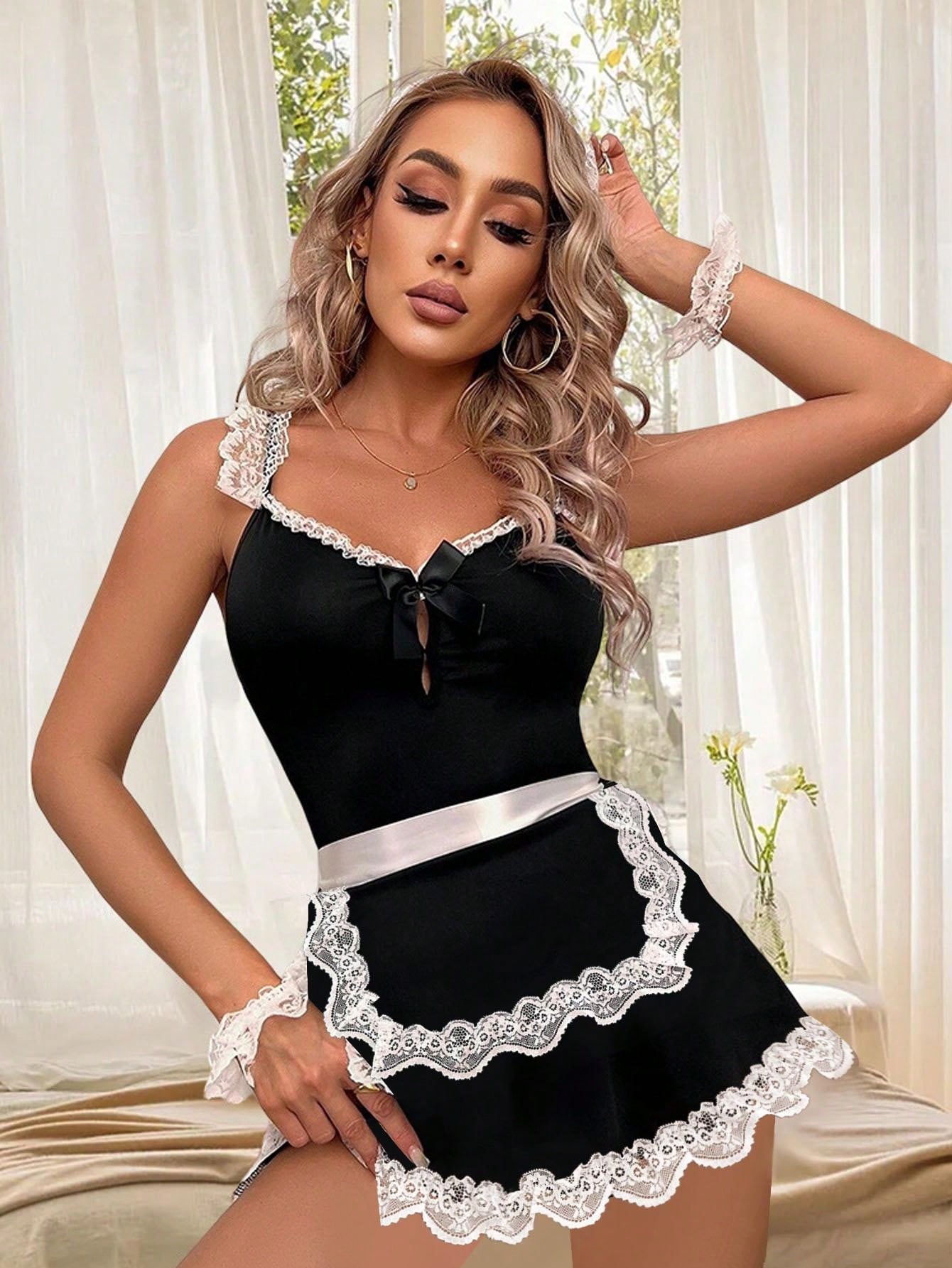 Women's Sexy & Tempting Maid Role Play Lace Trim Lingerie Set, Suitable For Home Or Party Wear ...
