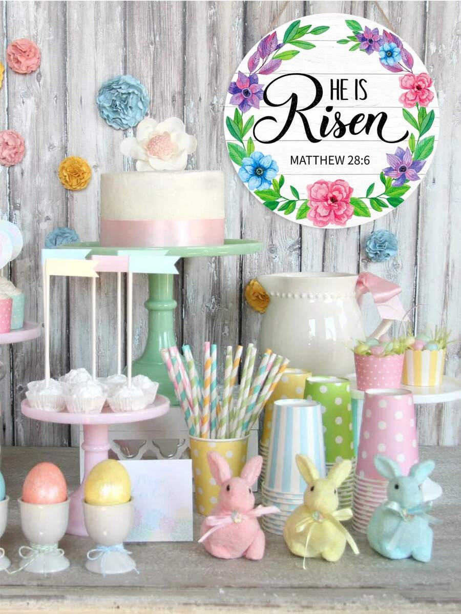 1Pc He Is Risen Wood Sign For Easter Door Decor,Rustic Round Shape ...