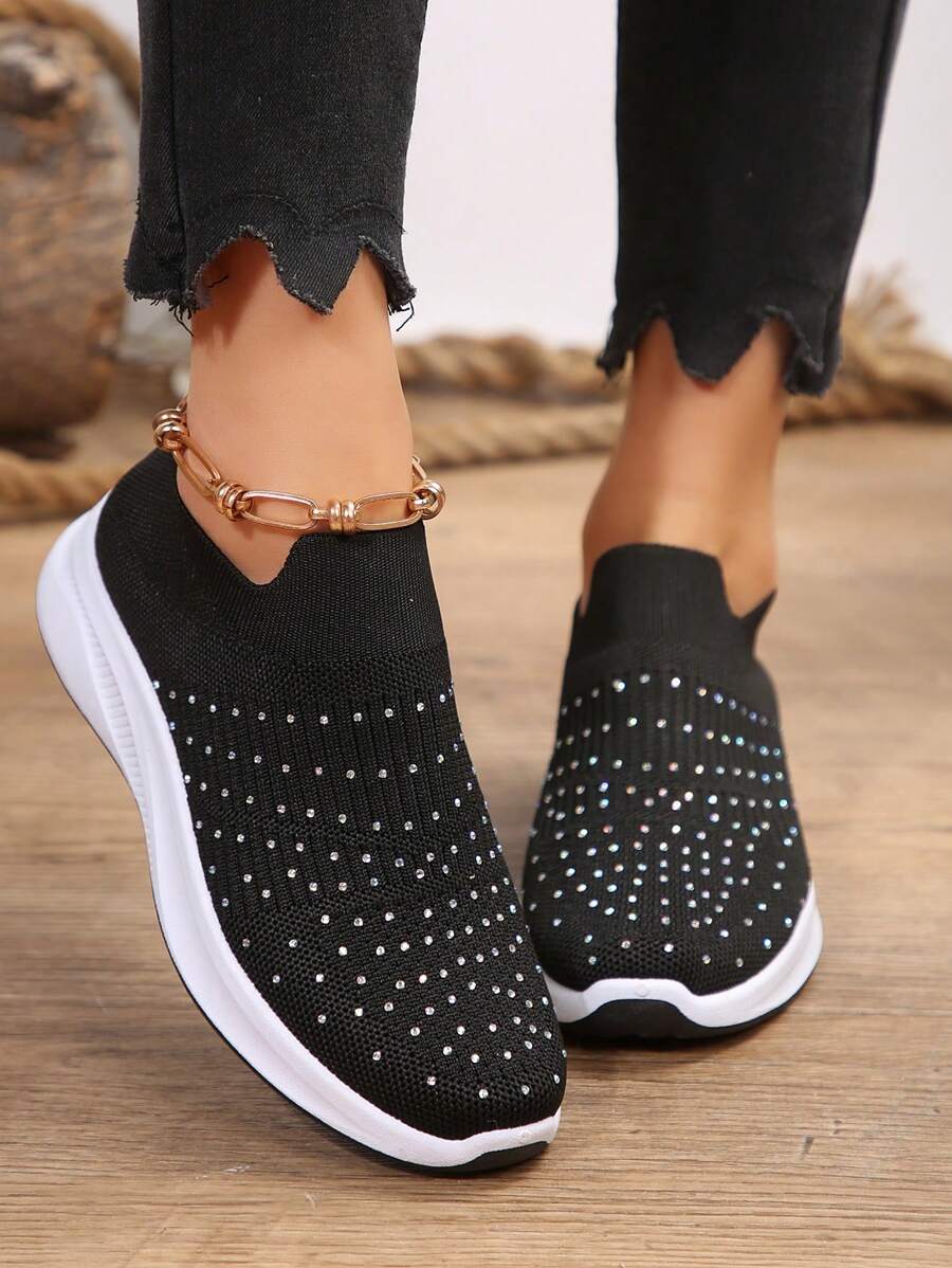 Knitted Sports Shoes With Rhinestone Decoration, 2024 Spring New ...