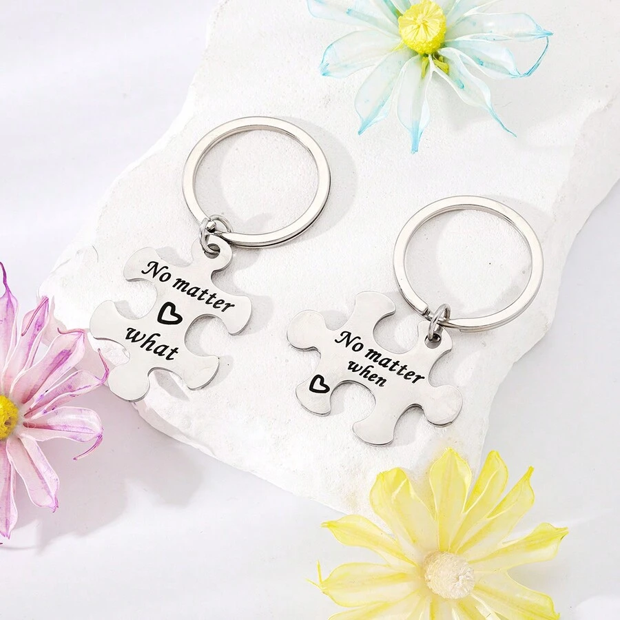 2pcs Women's 2024 Stainless Steel Jigsaw Puzzle Keychain With Letter ...