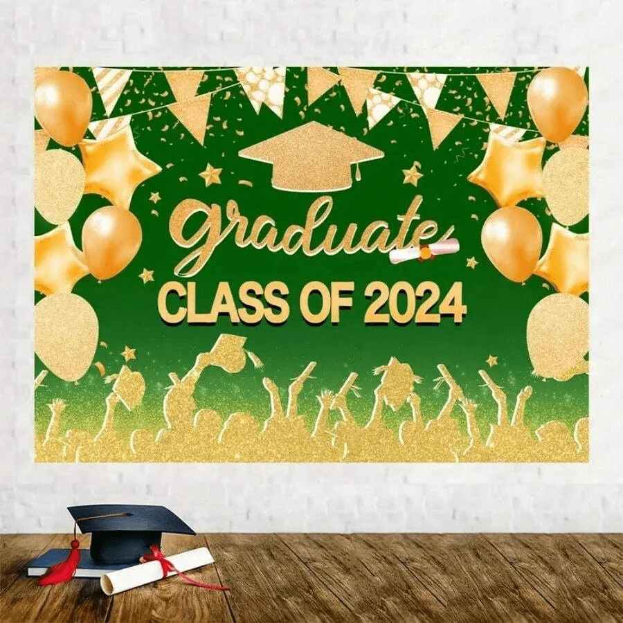 1pc 2024 Graduation Background Green And Gold Congratulations ...