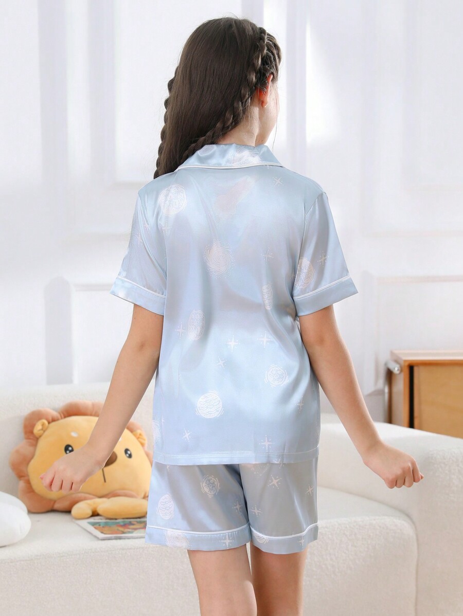 2pcs/Set Tween Girls' Galaxy Fluorescent Printed Ice Silk Pajama Set ...