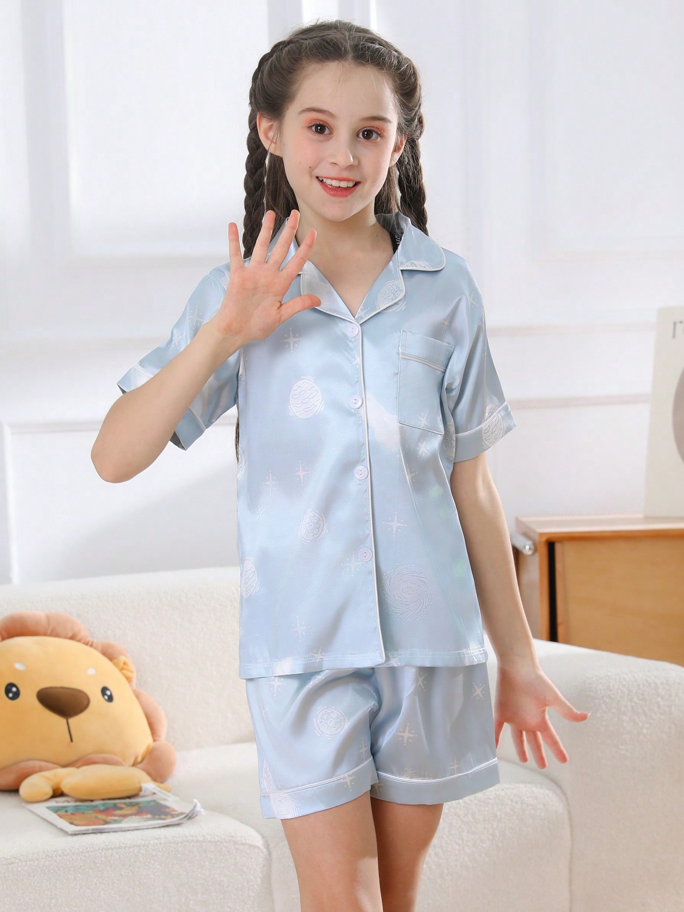 2pcs/Set Tween Girls' Galaxy Fluorescent Printed Ice Silk Pajama Set ...