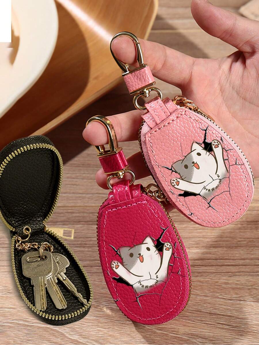 1pc Faux Leather Double Layer Keychain Pouch For Car Key Storage, Car ...