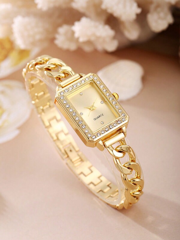 Ladies' Quartz Watch With Elegant Rectangular Dial, Luxury Rhinestone ...
