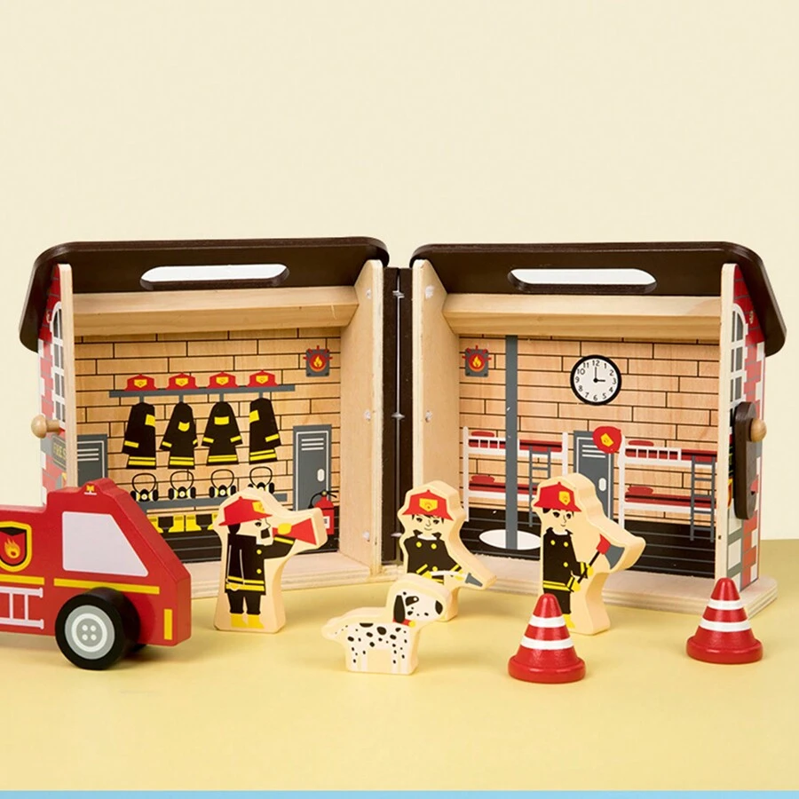 Fire Station Farm House Police Themed Foldable Wooden Figurines Playset ...
