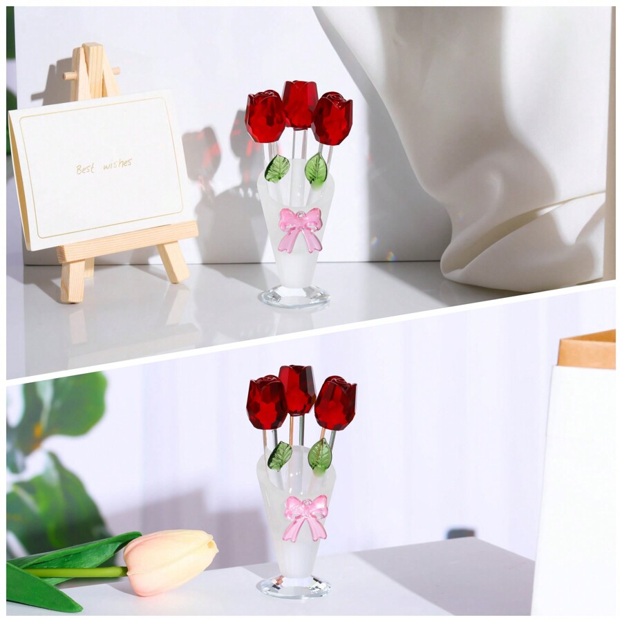 Rose Flower Crystal Figurine With Stems Collectible Statue Triple Roses ...
