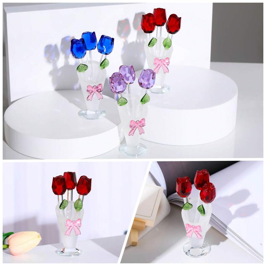 Rose Flower Crystal Figurine With Stems Collectible Statue Triple Roses ...