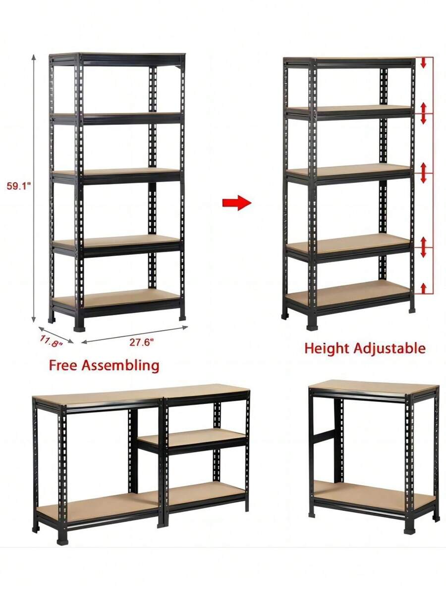 5-Tier Steel Storage Shelf, Shelving Adjustable Storage Rack, Black ...