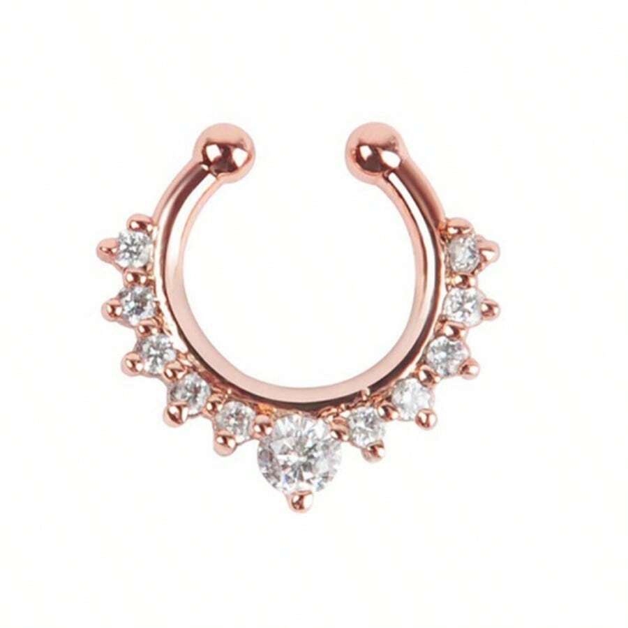 1pc Double Row Rhinestone Nose Clip With Horseshoe Shaped Nose Ring For ...