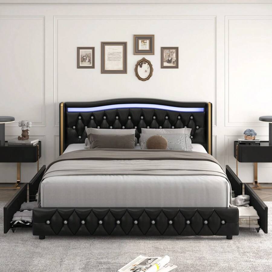 HIFORT Smart LED Bed Frame With 4 Drawers And Wingback Headboard, Faux ...
