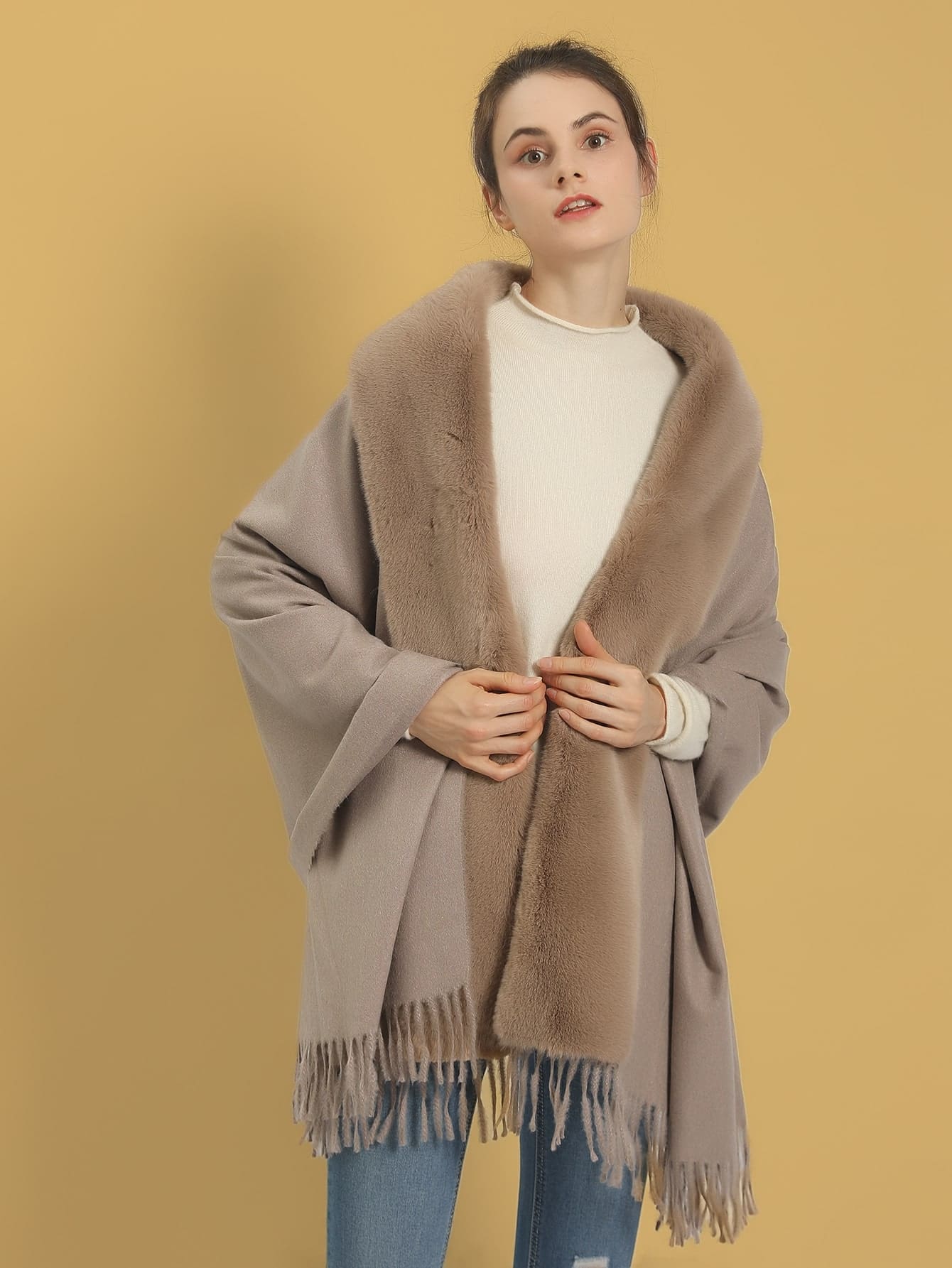 1pc Ladies' Multicolor Solid Color Warm Classic Fur Collar Split Cape ...