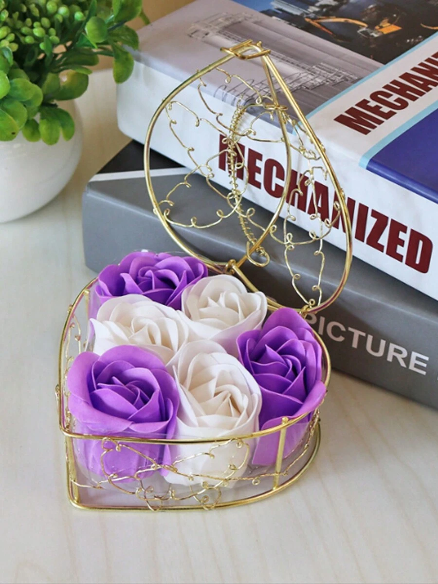 1pc Heart-Shaped Iron Bar Gift Box With 6 White-Purple Roses For ...