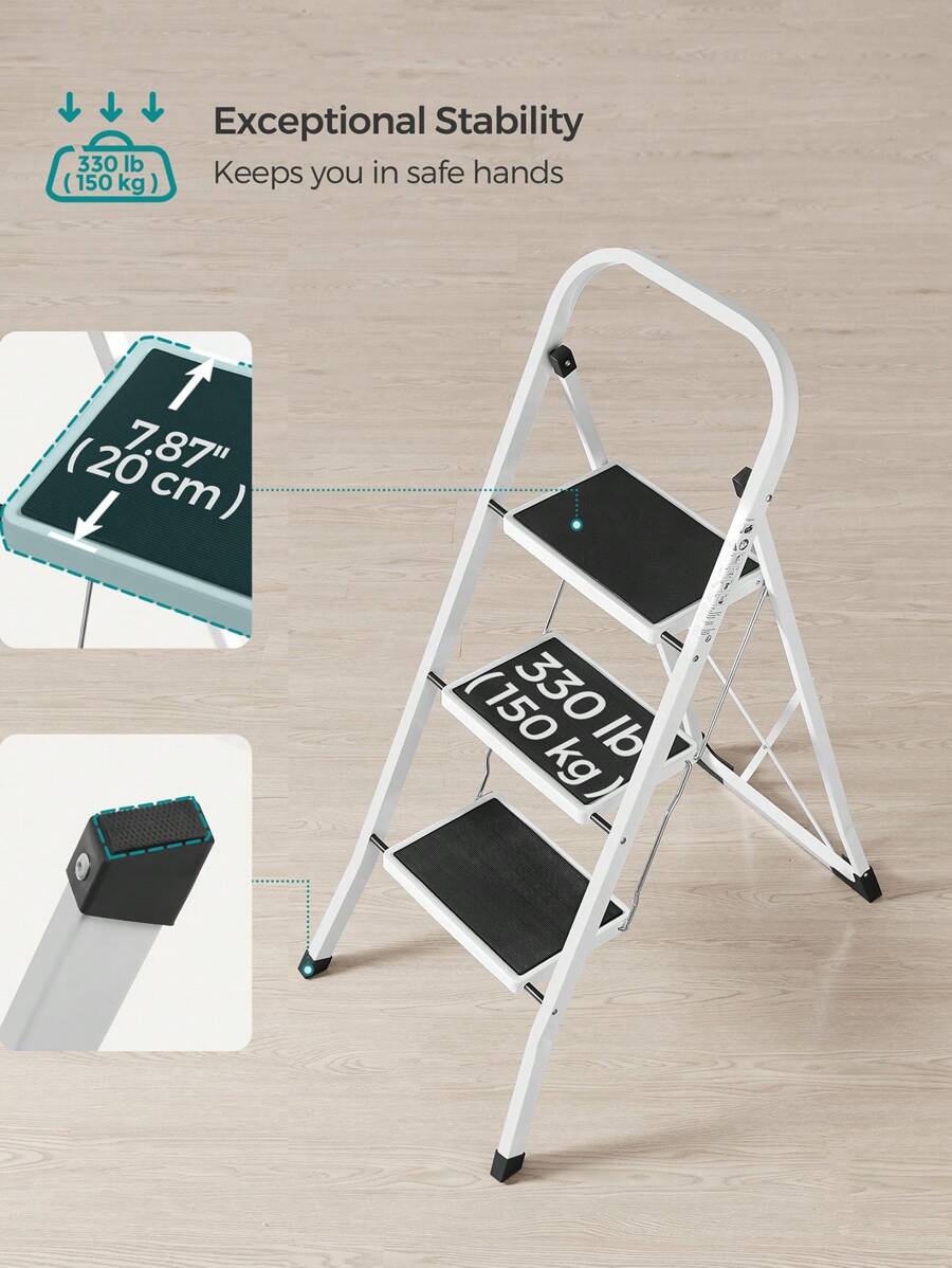 SONGMICS Step Ladder, 3-Step Ladder, Folding Ladder, Safety Lock, Space ...