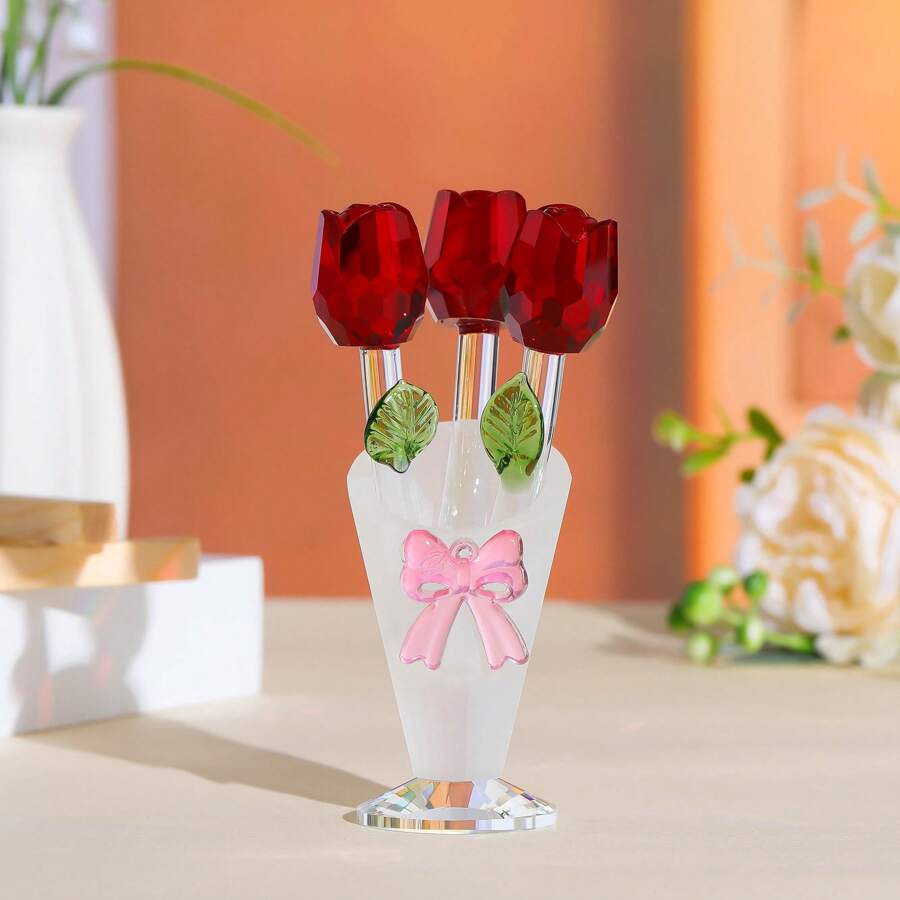 Rose Flower Crystal Figurine With Stems Collectible Statue Triple Roses ...