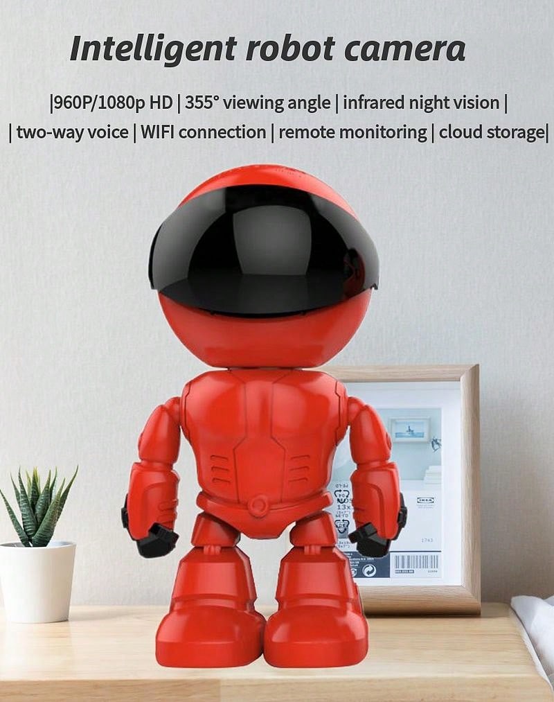 Red Robot Shaped Wireless Wifi Indoor 360-Degree Camera With Remote ...