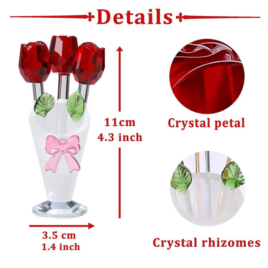 Rose Flower Crystal Figurine With Stems Collectible Statue Triple Roses ...