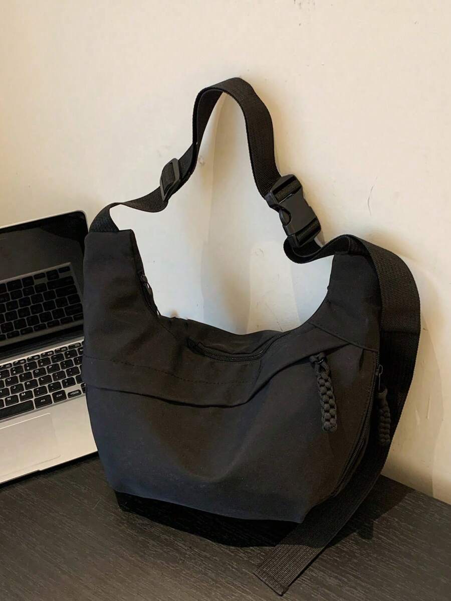 1pc Men's Shoulder & Crossbody Bag, Black Polyethylene Solid Color ...