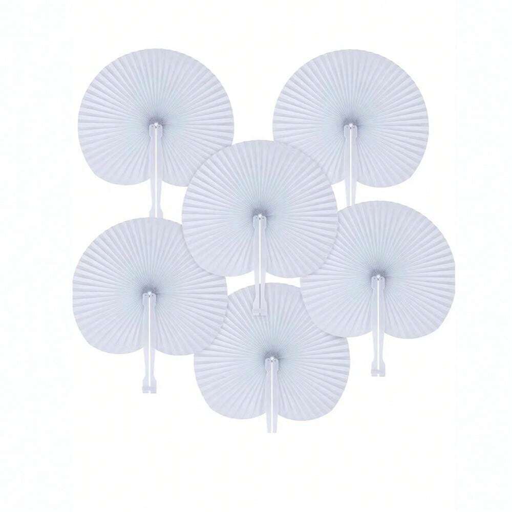 12pcs White Round Hand Fans With Accordion Grid Pattern, Foldable Paper ...