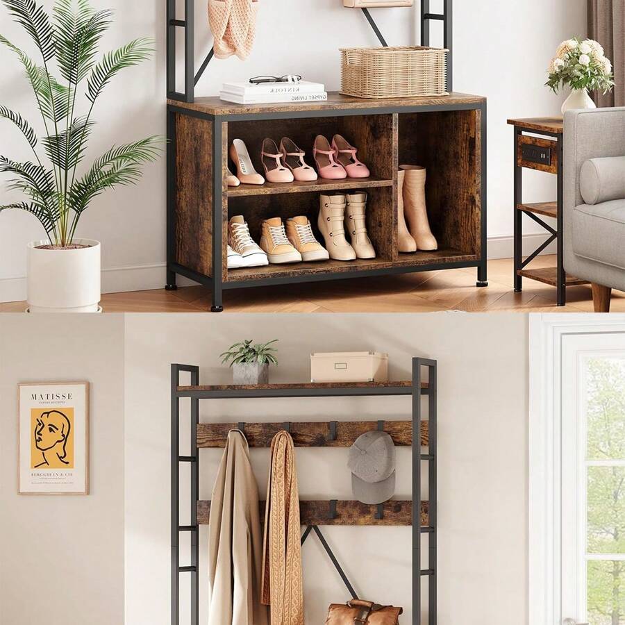 Industrial Hall Tree With Bench And Storage Cubbies - Freestanding Coat ...