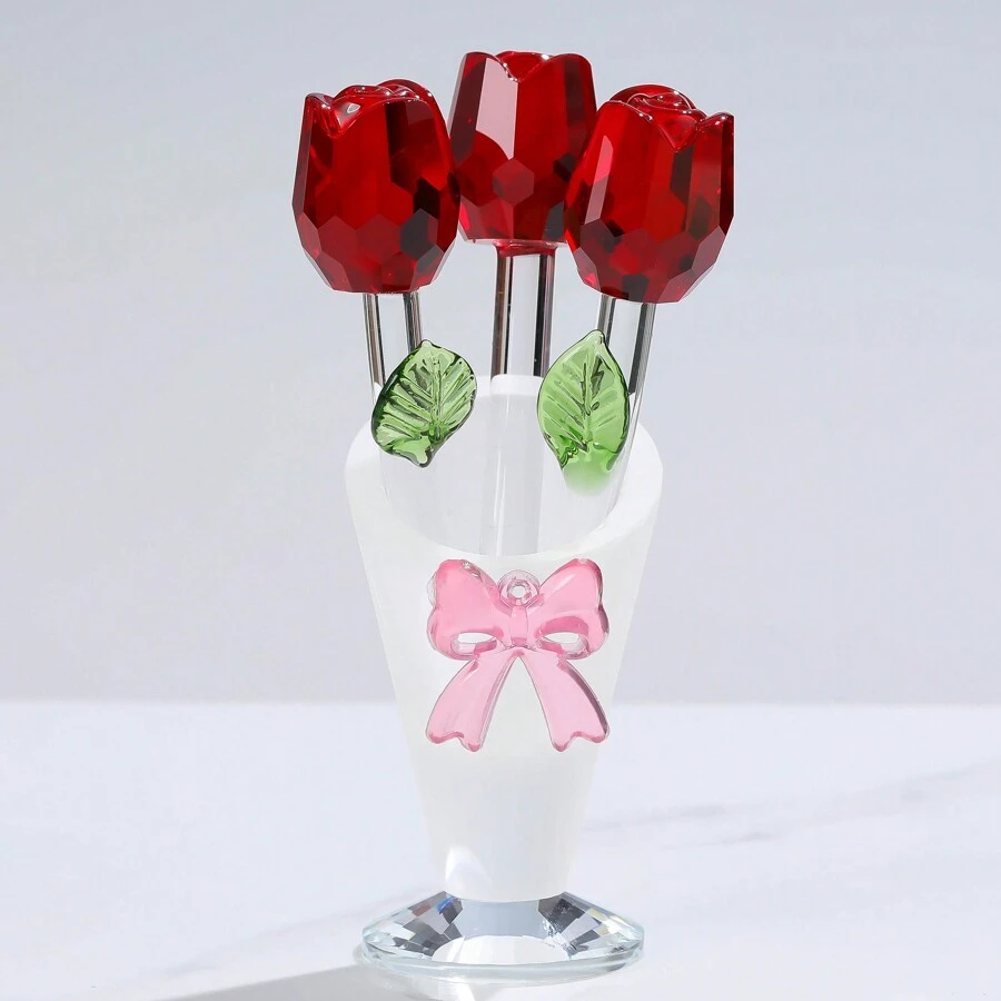 Rose Flower Crystal Figurine With Stems Collectible Statue Triple Roses ...
