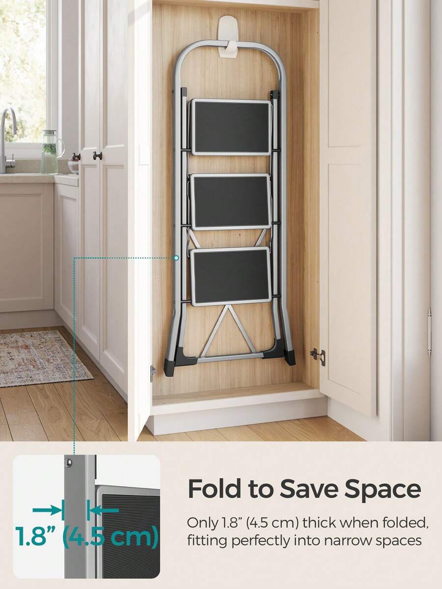 SONGMICS Step Ladder, 3-Step Ladder, Folding Ladder, Safety Lock, Space ...