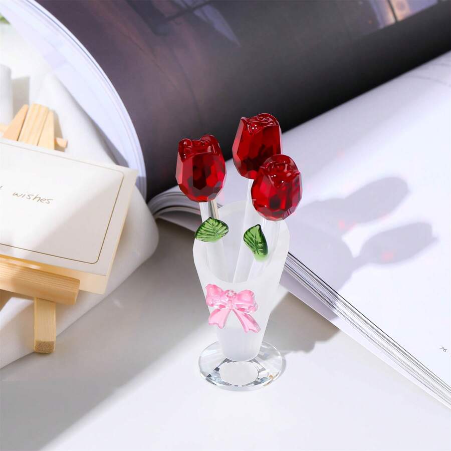 Rose Flower Crystal Figurine With Stems Collectible Statue Triple Roses ...