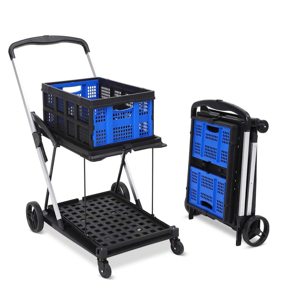 Collapsible Folding Shopping Cart With Wheels And Storage Crate - 2 ...