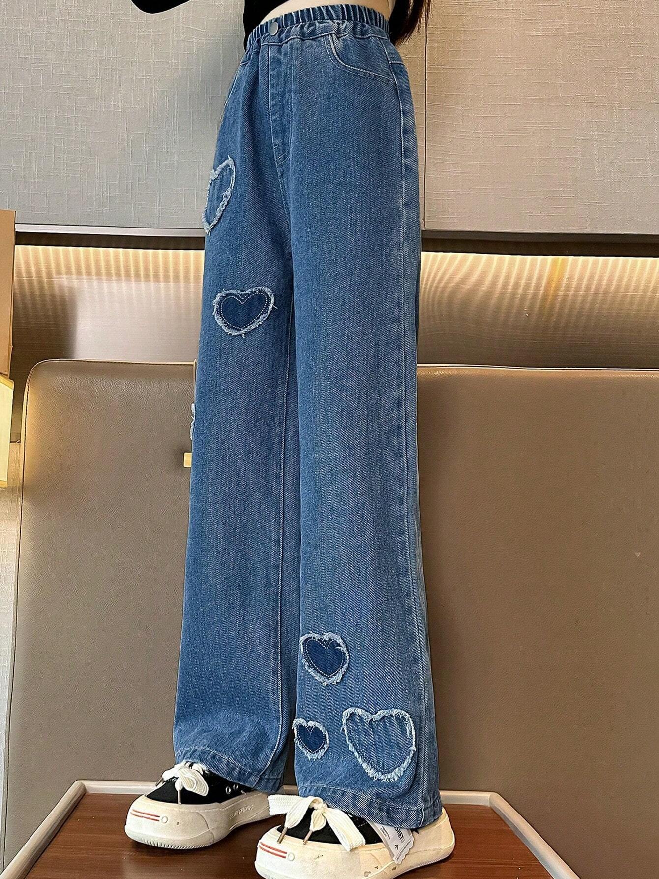 Tween Girl Heart-Shaped Pockets Wide Leg Jeans, Autumn And Winter ...