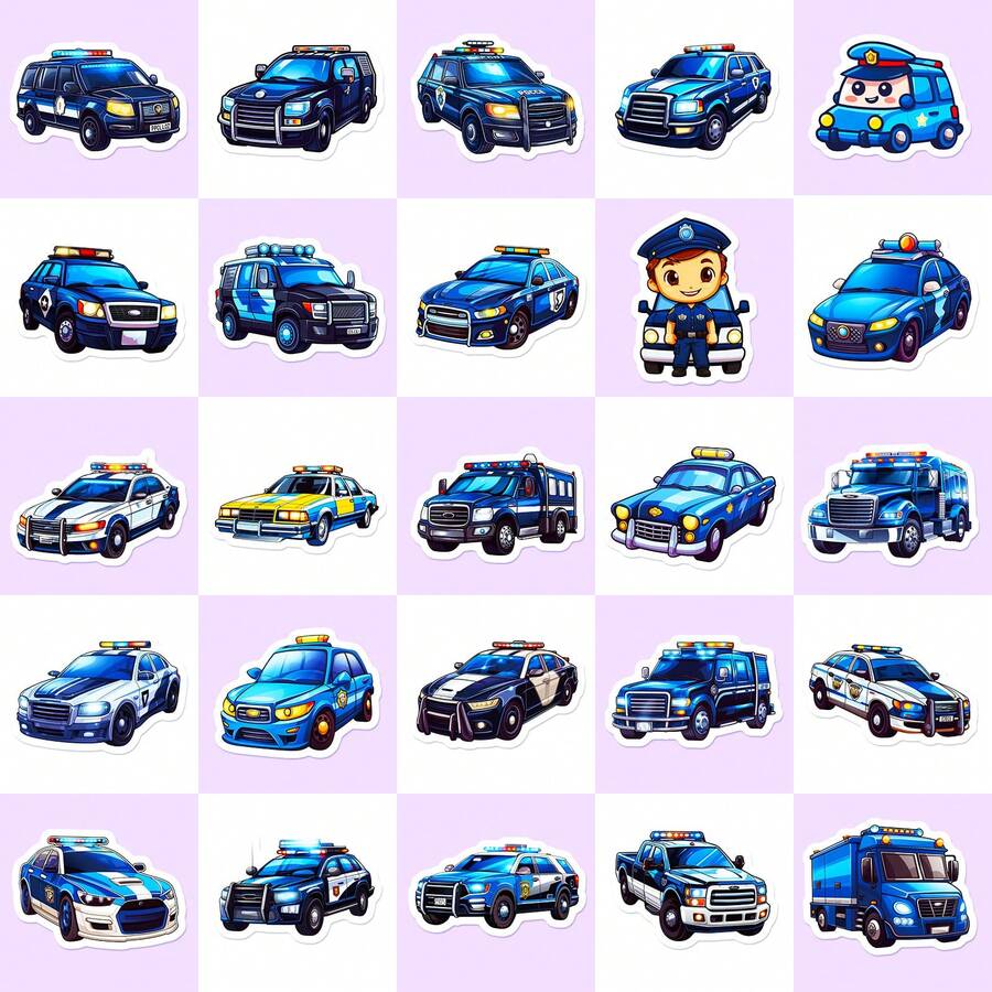 50pcs Blue Police Car Stickers For Water Bottles, Waterproof Cartoon ...