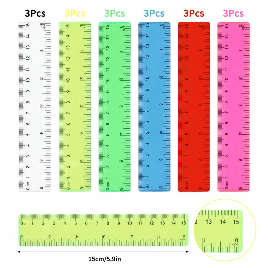 18 PCS Straight Ruler 15cm 6Inch Plastic Ruler Set With Inking Edge ...