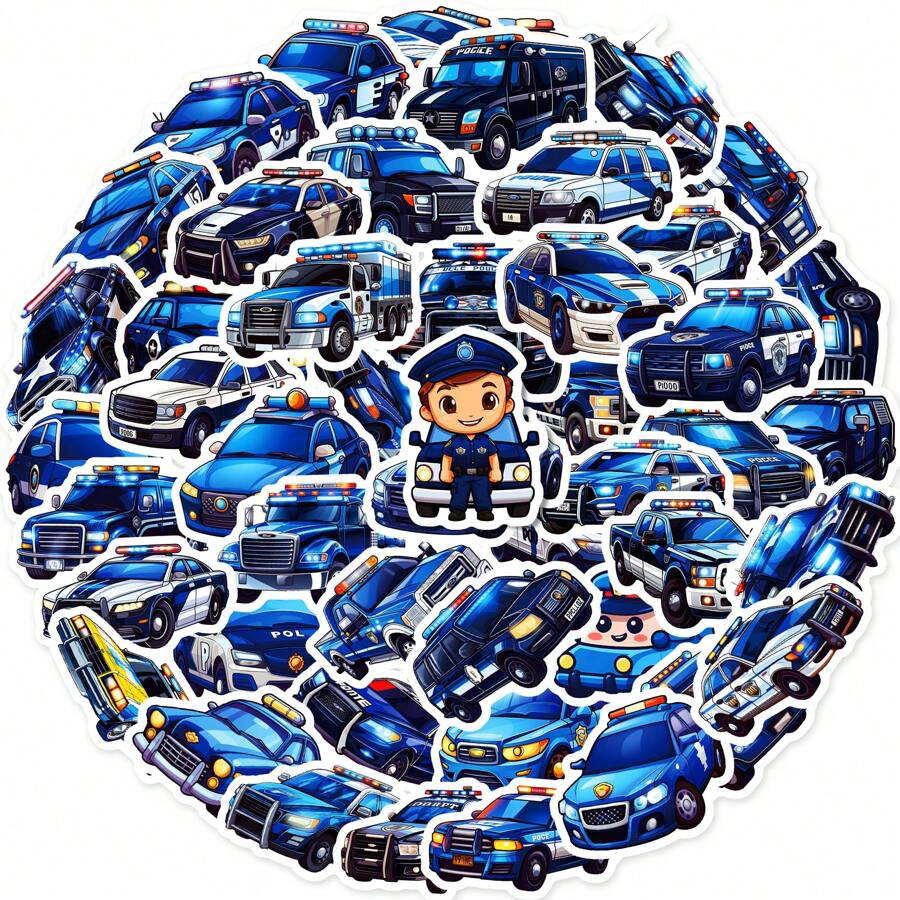 50pcs Blue Police Car Stickers For Water Bottles, Waterproof Cartoon ...