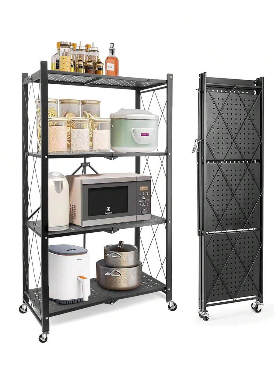 4-Tier Foldable Storage Shelving Unit, Heavy Duty Metal Shelf, Kitchen ...