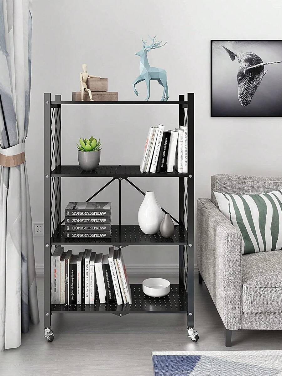 4-Tier Foldable Storage Shelving Unit, Heavy Duty Metal Shelf, Kitchen ...