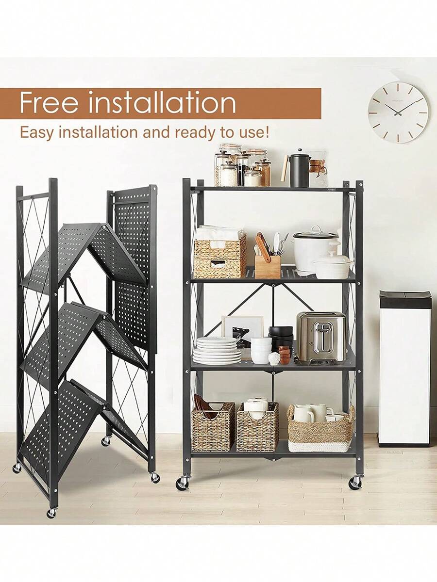 4-Tier Foldable Storage Shelving Unit, Heavy Duty Metal Shelf, Kitchen ...