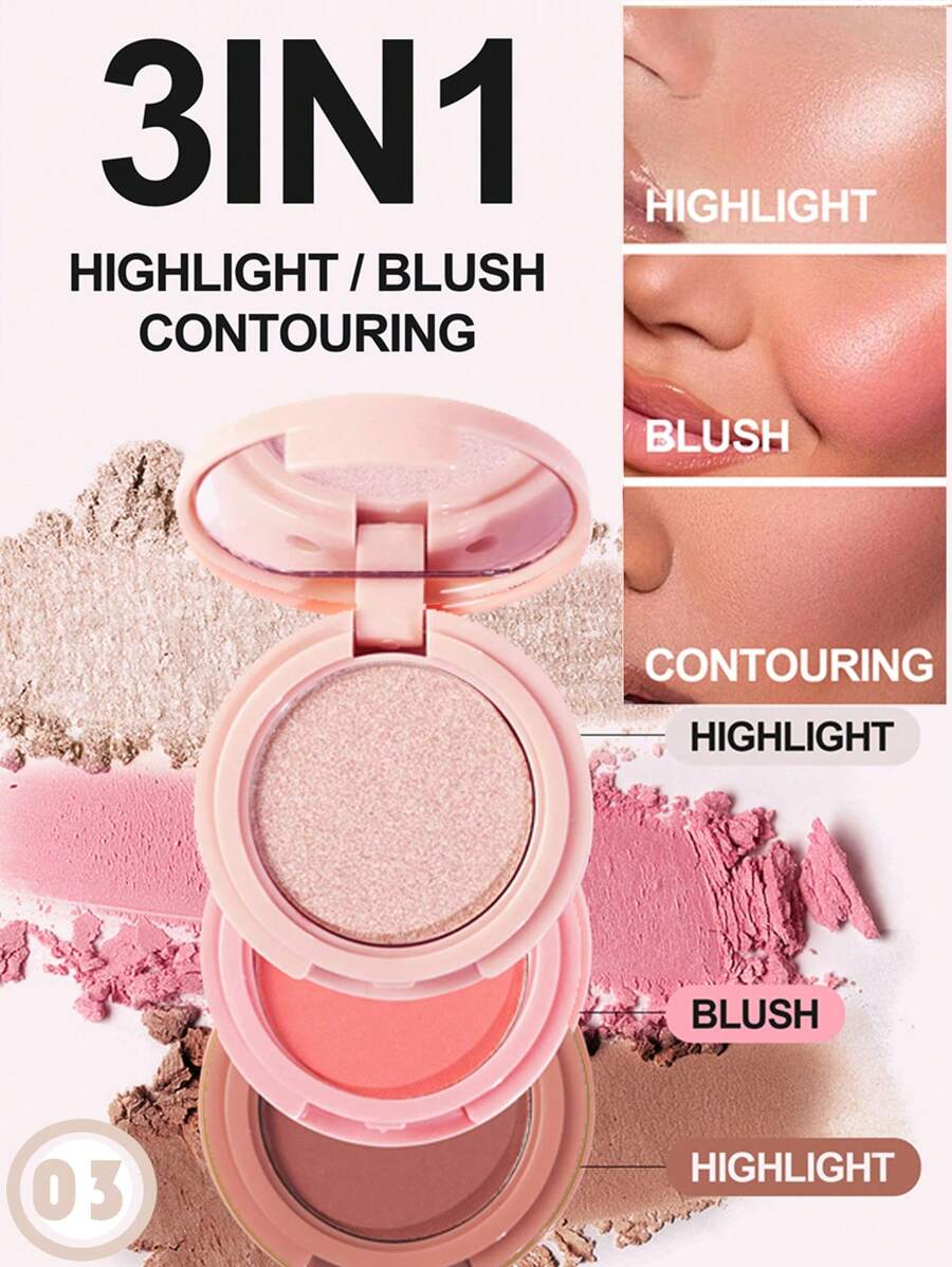 Blush And Highlighter Kit, 3 In 1 Makeup Pressed Powder Palette Shimmer ...