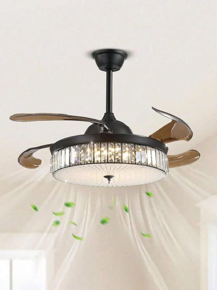 Crystal Ceiling Fan With Light, 42 Inch Retractable Ceiling Fan With Remote Control, LED ...