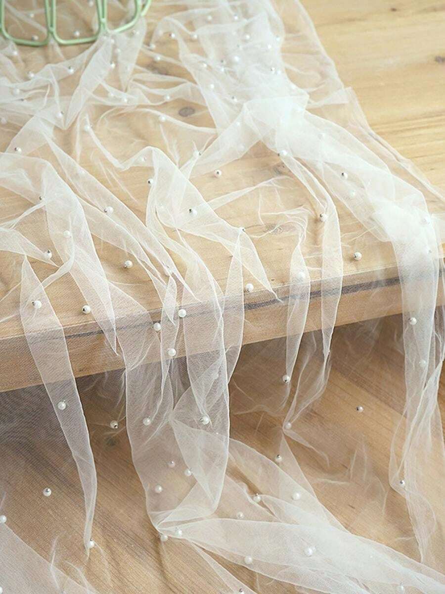 1pc White Lace & Pearl Polyester Fabric For Party And Banquet Events ...